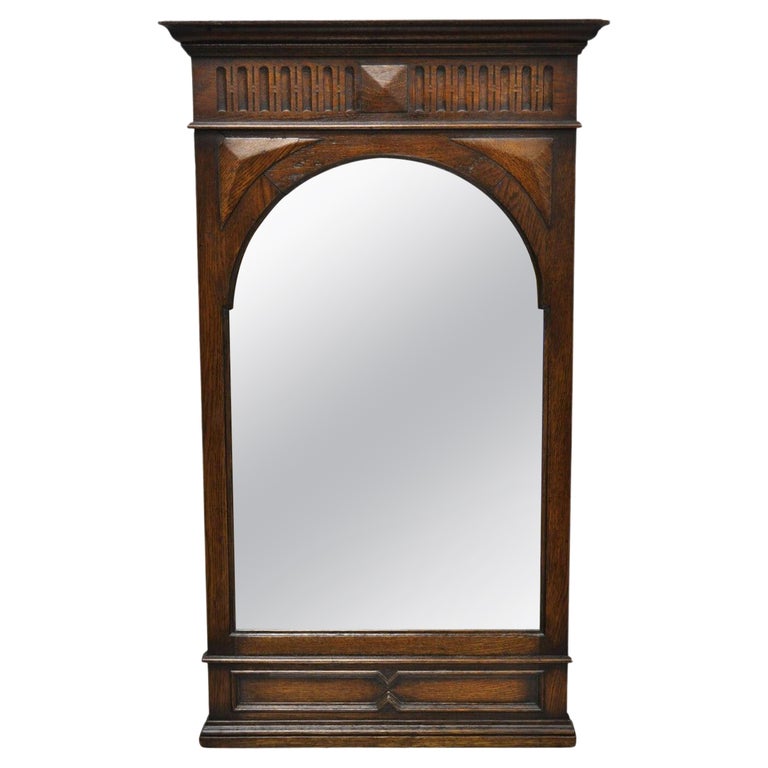 Antique Oak Wood Jacobean Style Carved Pediment Wall Mirror For Sale at ...