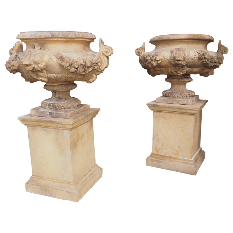 Pair of Cast and Patinated Stone French Lion Vases on 3-Piece Plinths ...