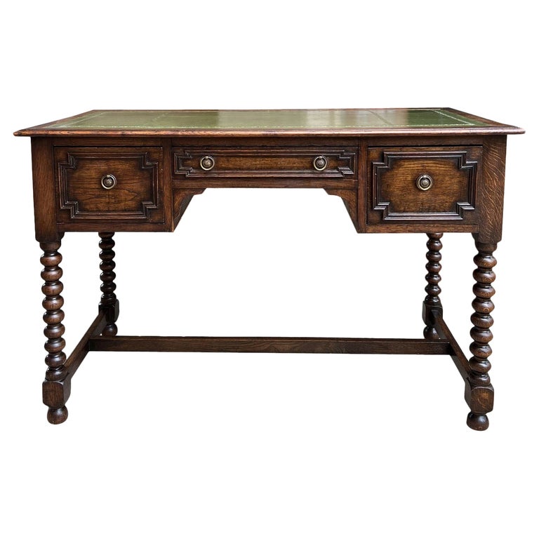 Antique English Writing Desk Table Jacobean Carved Oak Green Leather ...