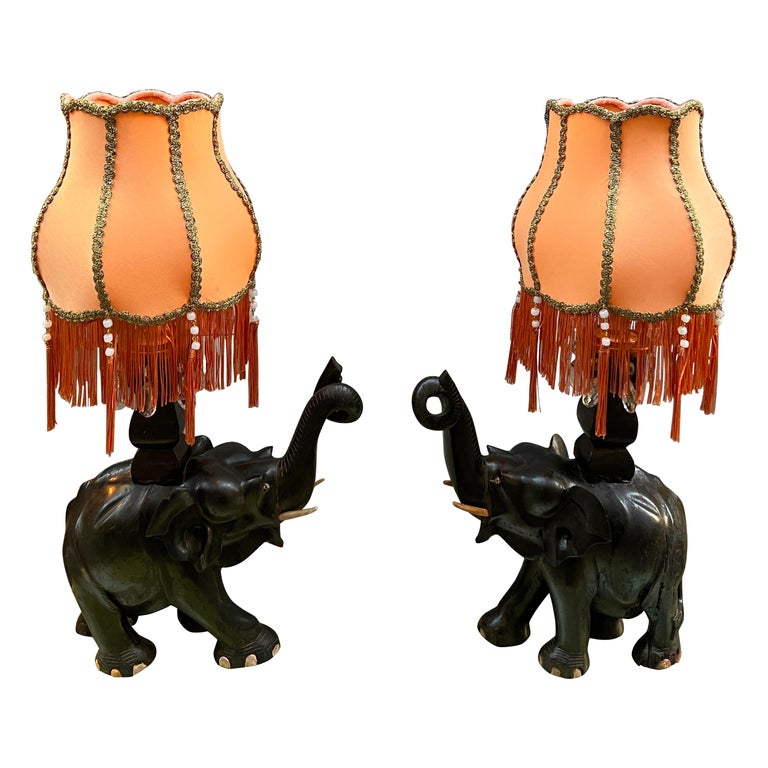 Pair of Ebony Elephants Table Lamps with Orange Lampshades and Fringes ...