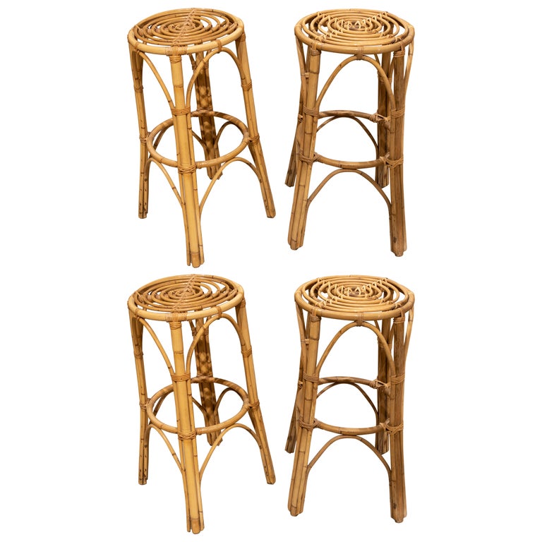 1970s Set of Four Handmade Bamboo Stools For Sale at 1stDibs