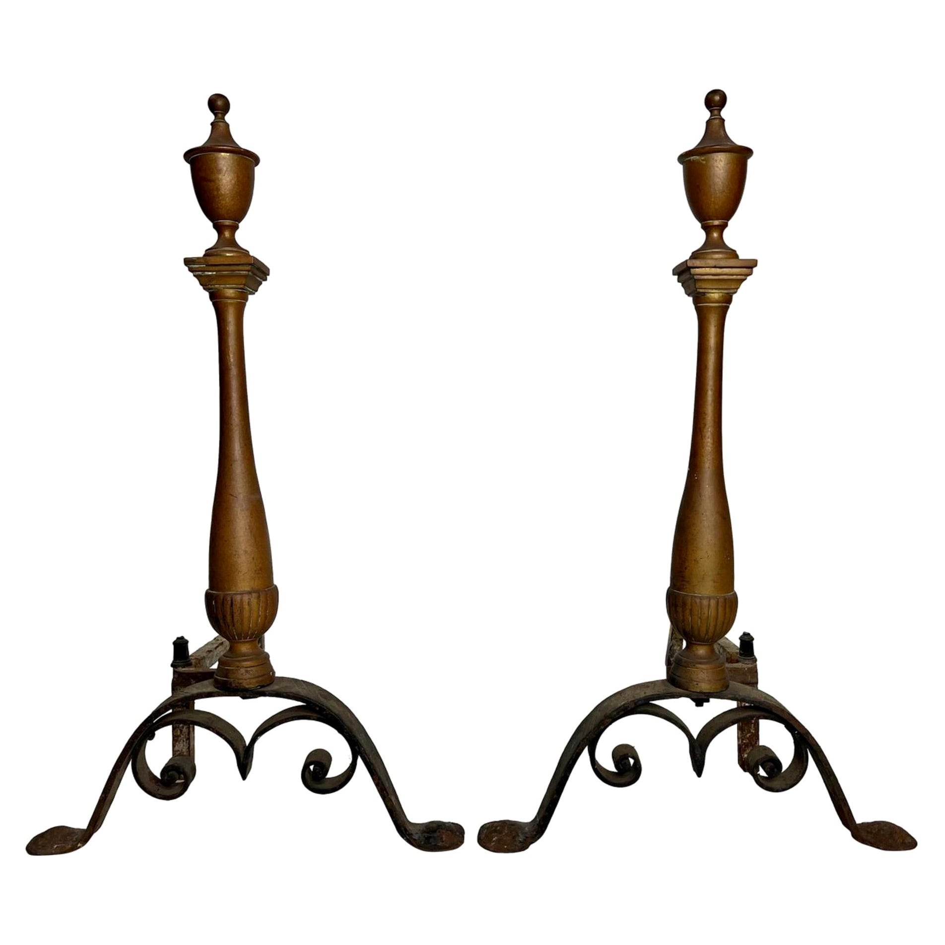 Pair of English Bronze and Iron Andirons, Old Mellow Patina For Sale at ...