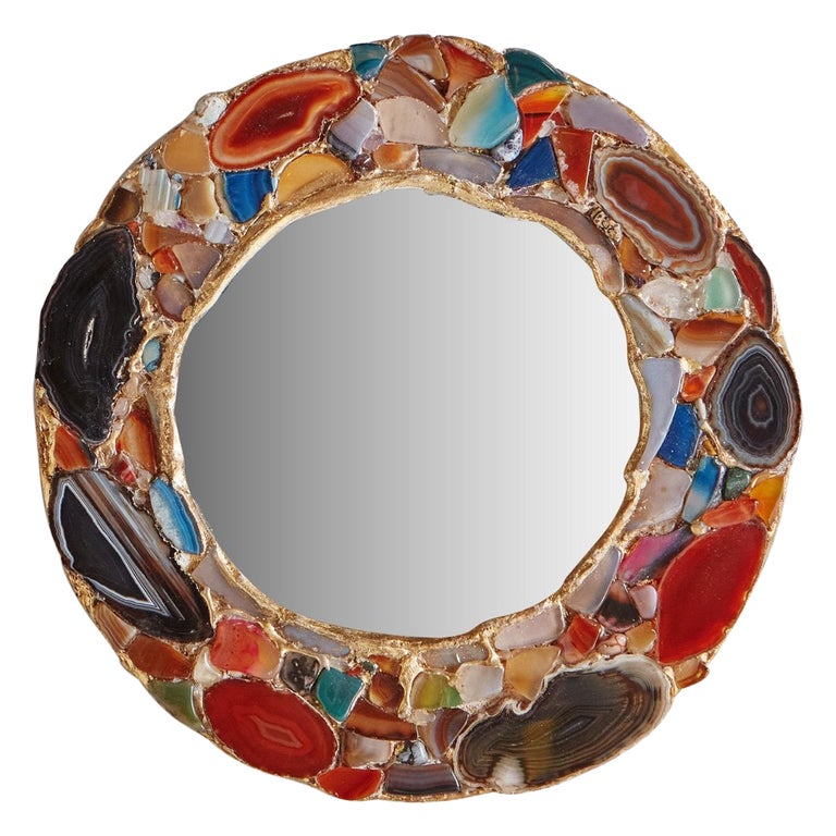 Round Agate Stone + Gold Leaf Mirror, France For Sale at 1stDibs