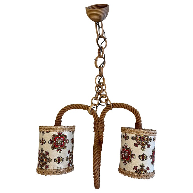 Audoux et Minet Double Arm Rope-Clad Hanging Light For Sale at 1stDibs