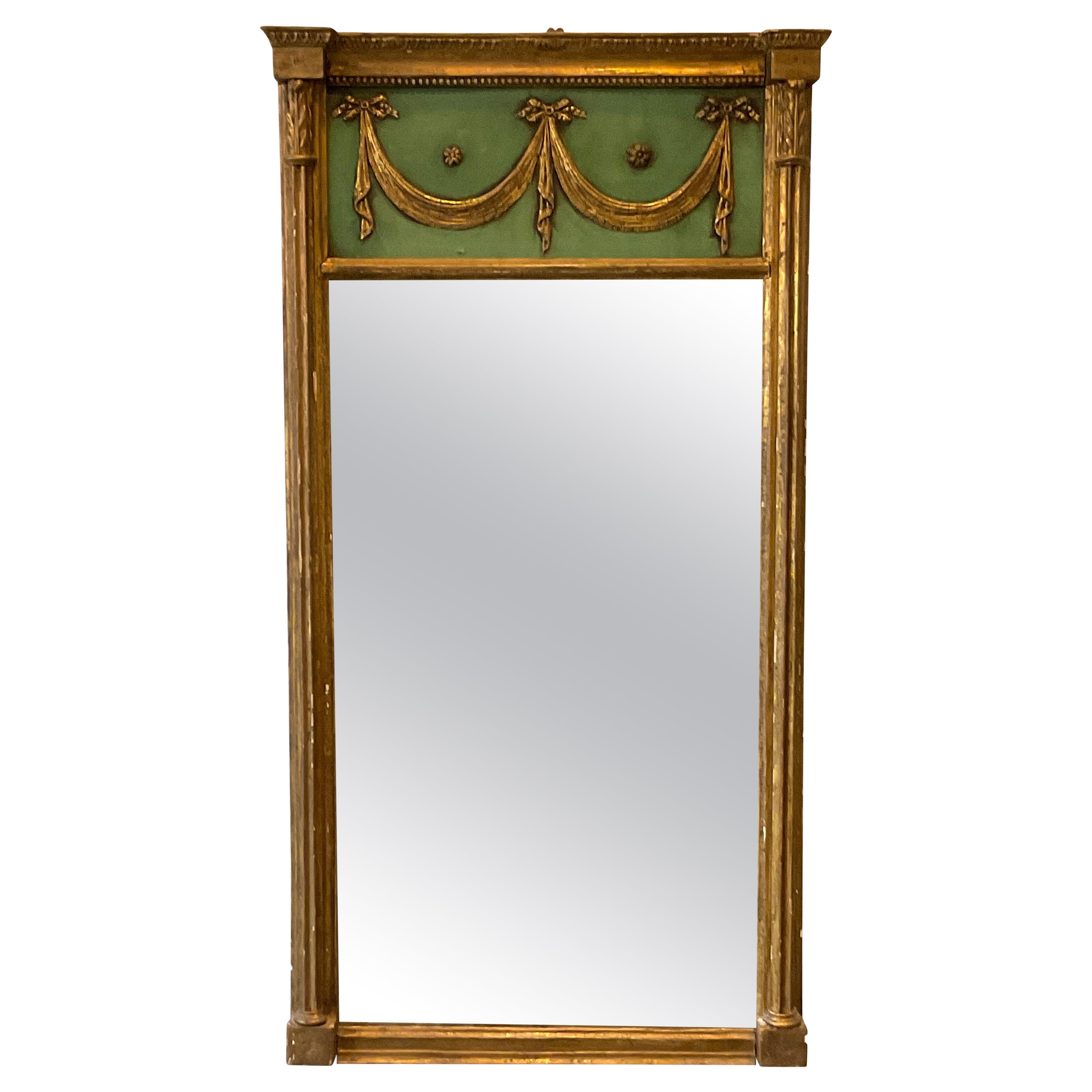 French 1880s Gilt and Painted Mirror with Carved Floral Wreath, Torch ...