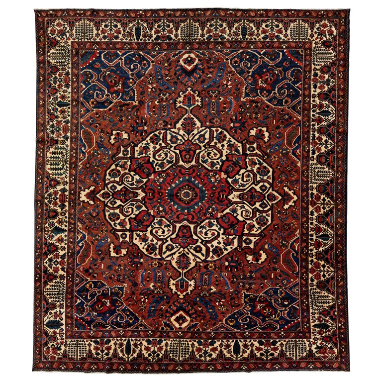 Handmade Rosette Antique Persian Bakhtiari Wool Rug With Red Color ...