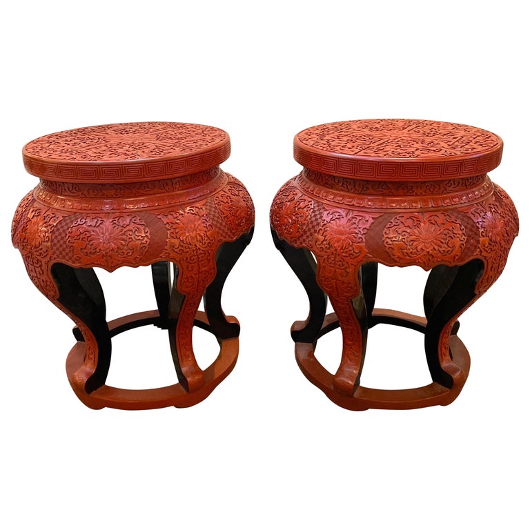 Pair of Beautifully Carved Vintage Cinnabar Garden Stools Stands For ...