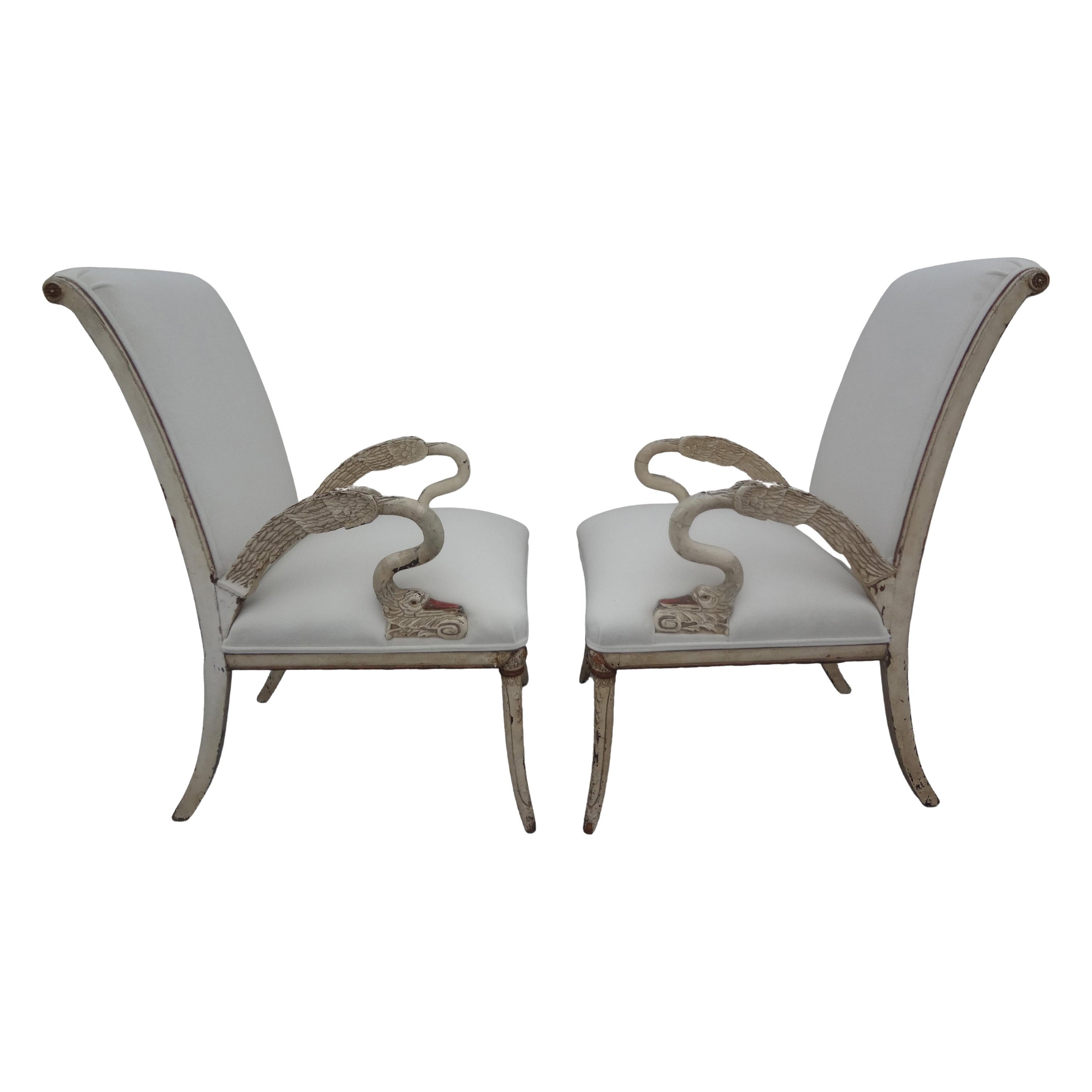 Pair of Large Neoclassical Style Armchairs with Carved Swan Head Arms ...
