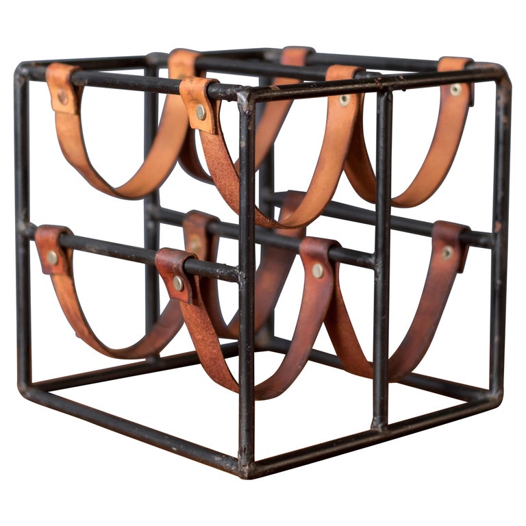 Vintage Arthur Umanoff Iron and Leather Wine Rack For Sale at 1stDibs