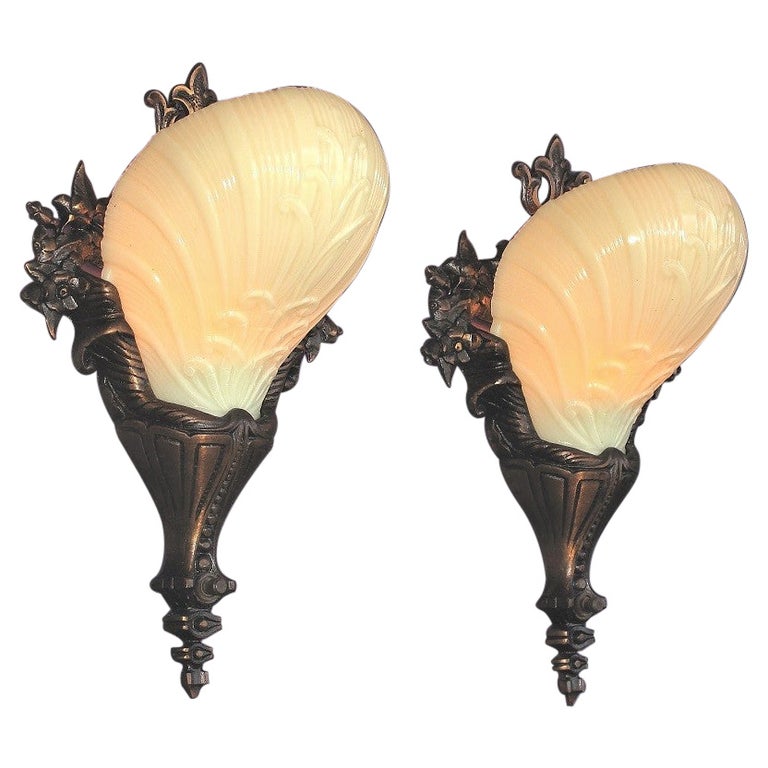 Pair Custard Glass Slip Shades on Bronze Back Plate Deco Rococo Vintage ...
