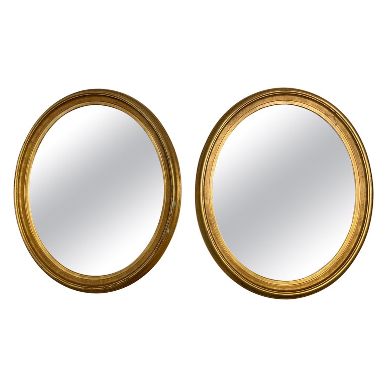 Pair of Vintage Gilt Oval Italian Mirrors For Sale at 1stDibs