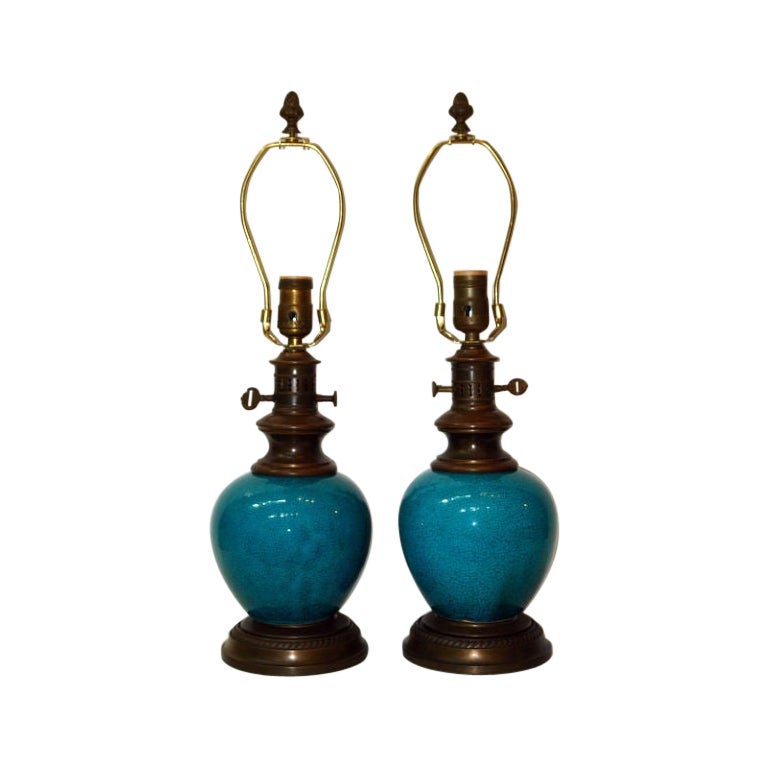 Pair of Turquoise Glazed Porcelain Lamps For Sale at 1stDibs