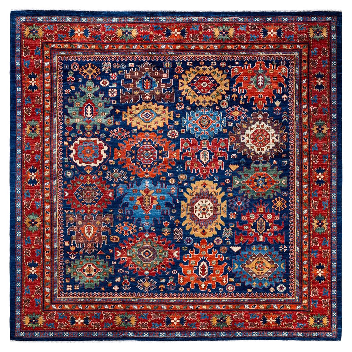 One of a Kind Hand Knotted Traditional Tribal Serapi Blue Square Area ...