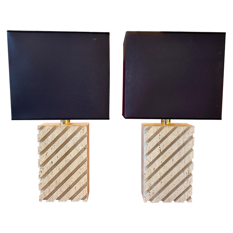 Pair of Vintage Italian Channel Carved Travertine Table Lamps For Sale ...