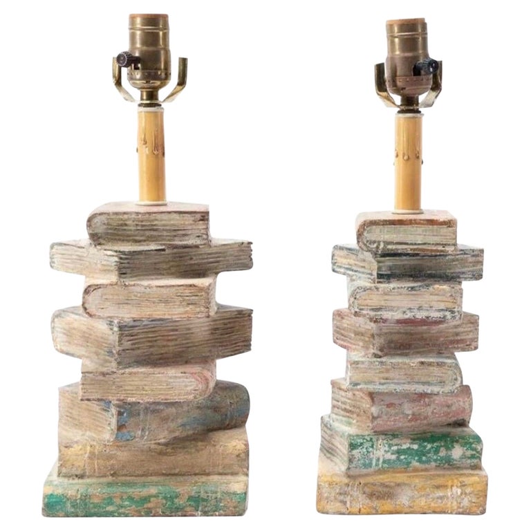 Mid-20th Century Distressed Faux Stacked Book Table Lamps, Pair For ...