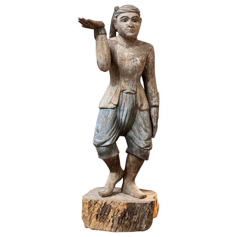 Carved Wood and Paint Decorated Indonesion Statue For Sale at 1stDibs