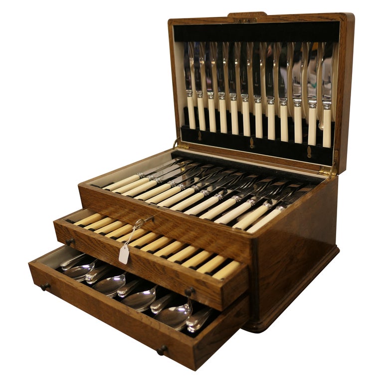 Full 2 Drawer Oak Ninety Six Piece Cutlery Canteen at 1stDibs
