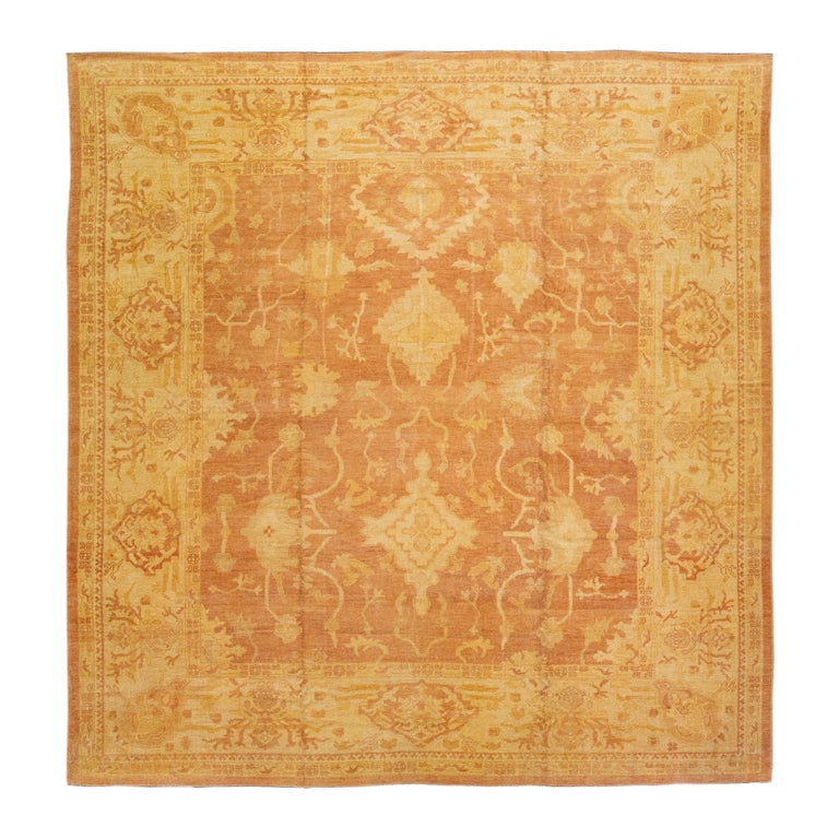 Modern Turkish Oushak Handmade Square Wool Rug with Orange-Rust Field ...