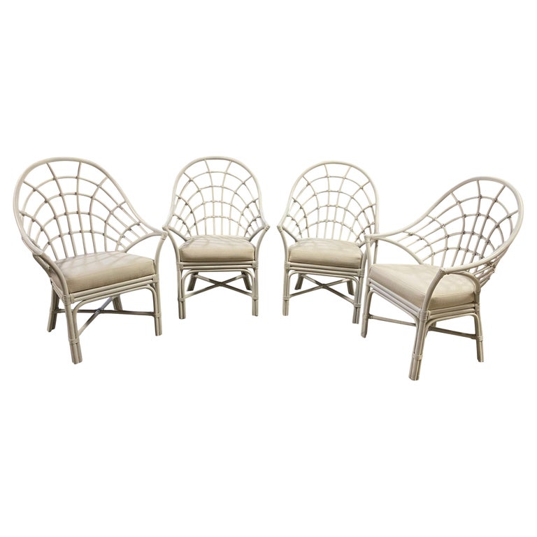 Set of 4 White Rattan Pencil Reed Fan Back Dining Chairs For Sale at ...