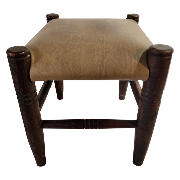 19Thc Hand Made Stool With Leather Seat For Sale at 1stDibs