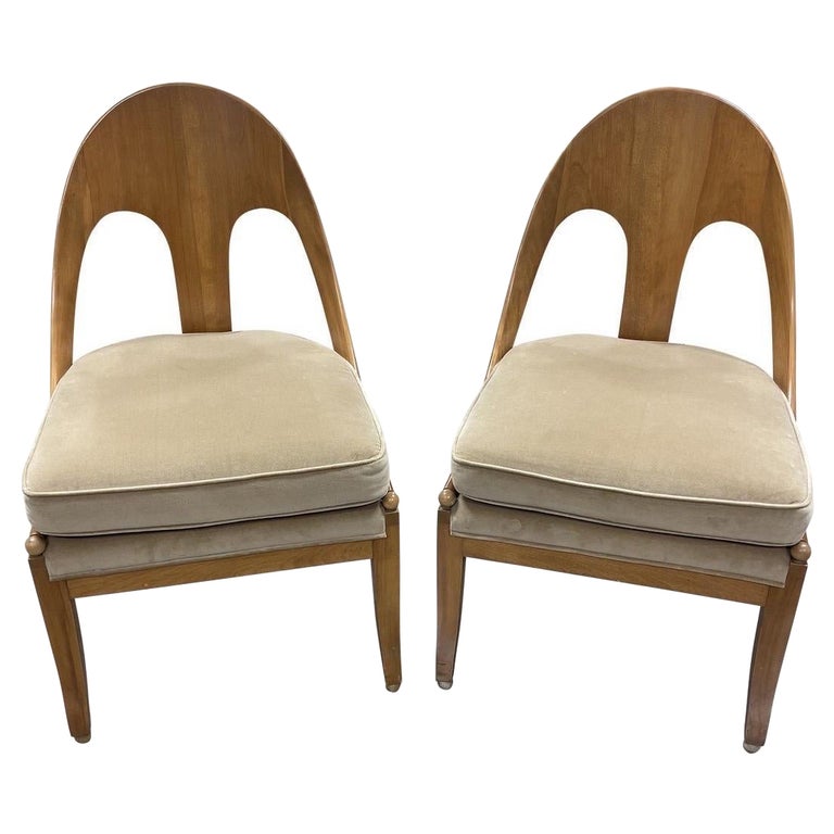 Pair, American Mid Century Walnut Spoon Back Chairs W/ Fine Upholstery ...