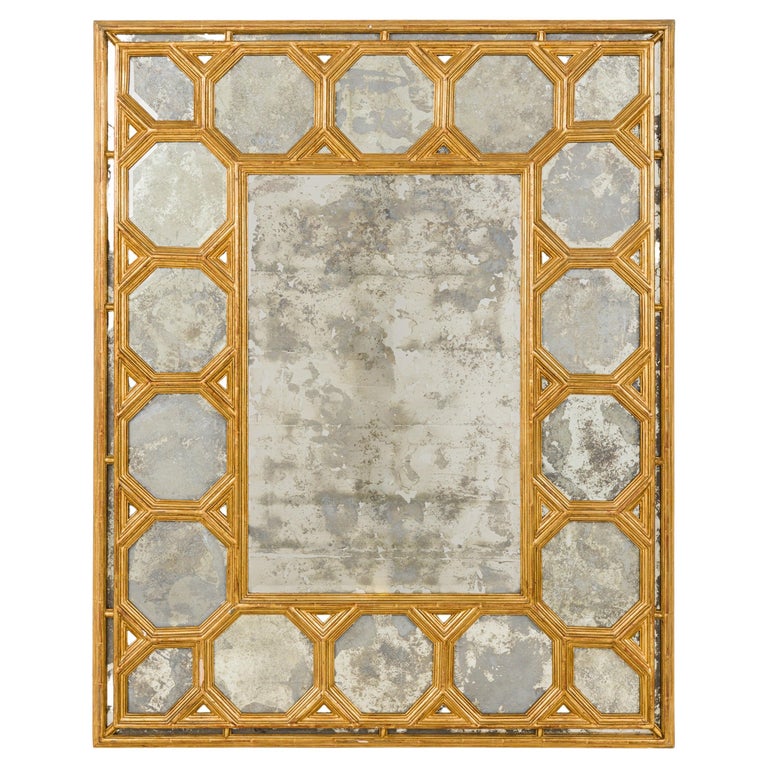 Mid-Century Hollywood Regency Wall Mirror with Geometric Giltwood Frame ...