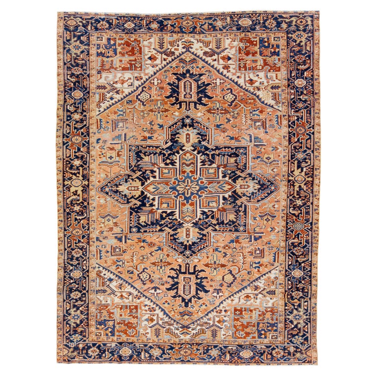 Peach Antique Persian Heriz Handmade Room Size Wool Rug For Sale at 1stDibs