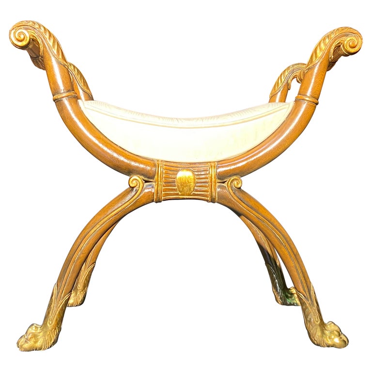 French Hand Carved Savonarola Stool or Bench Raised on Lion's Paws For ...