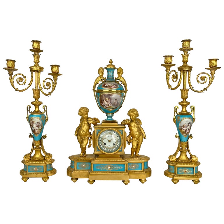 An Ormolu-Mounted Sevres Style Porcelain 'JEWELED' Turquoise-Ground ...
