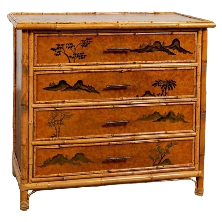 Aesthetic-Style Faux Bamboo 4 Drawer Chest with Chinoiserie Decoration ...