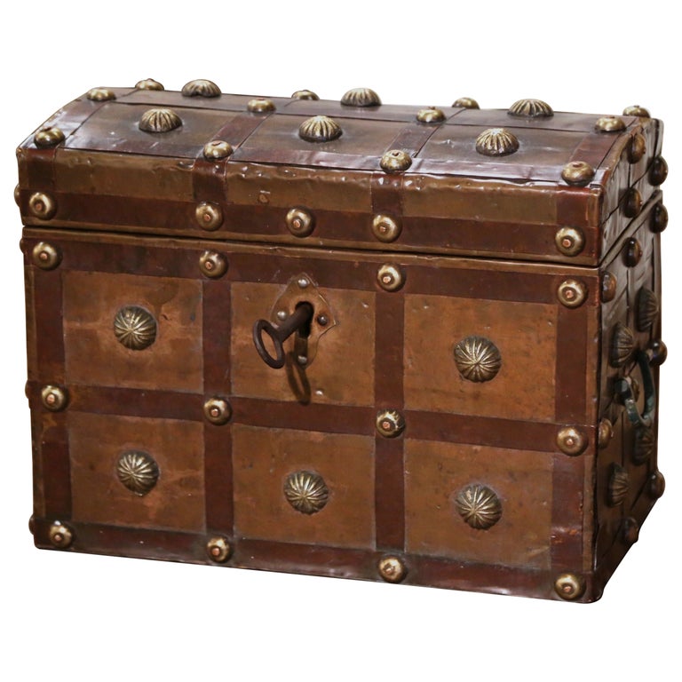 18th Century French Louis XIII Brass Iron and Wood Decorative Box Trunk ...