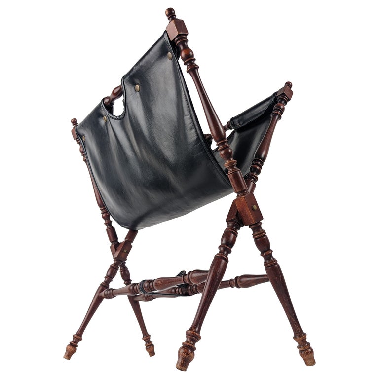 Turned Wood and Black Leather Folding Magazine Rack 1930s For Sale at ...