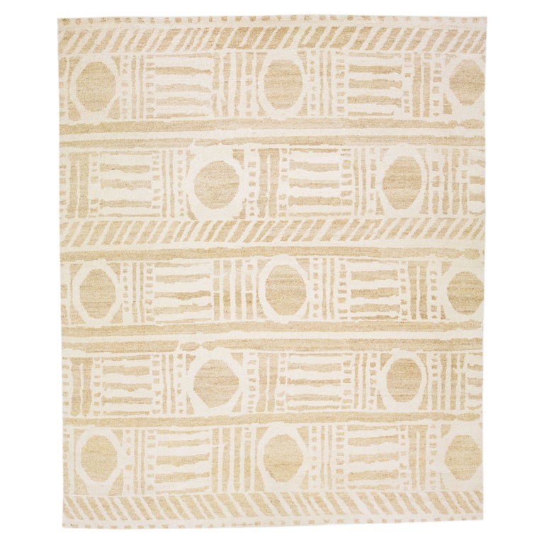 Beige Modern Moroccan Style Handmade Wool Rug with a Ivory Geometric ...