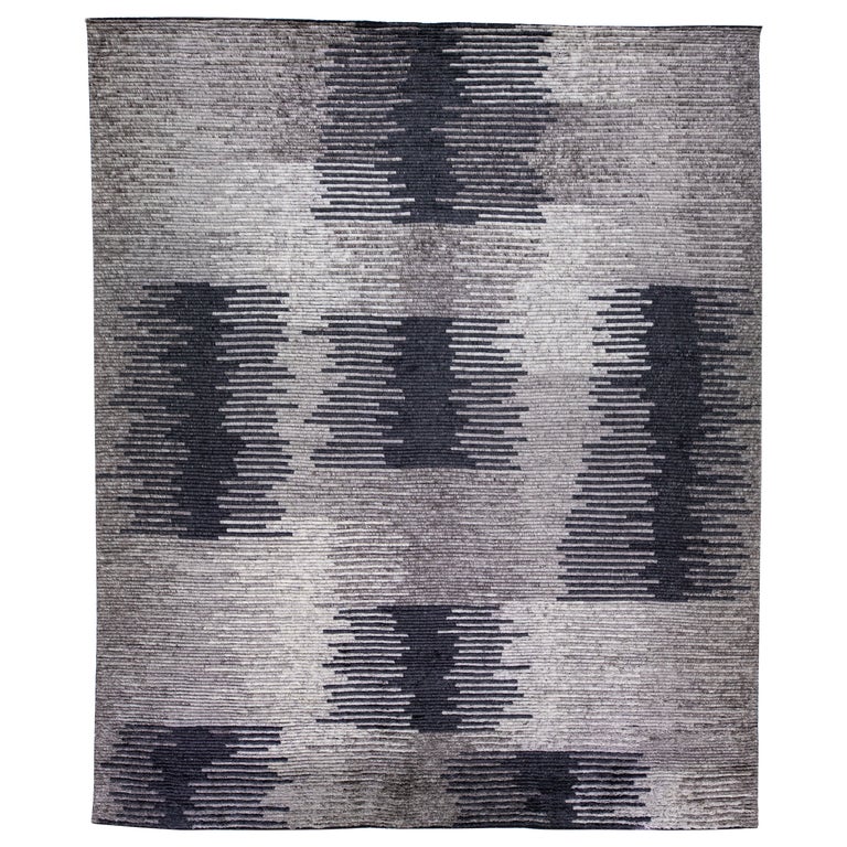 Abstract Modern Moroccan Style Oversize Wool Rug with Gray Color Field ...