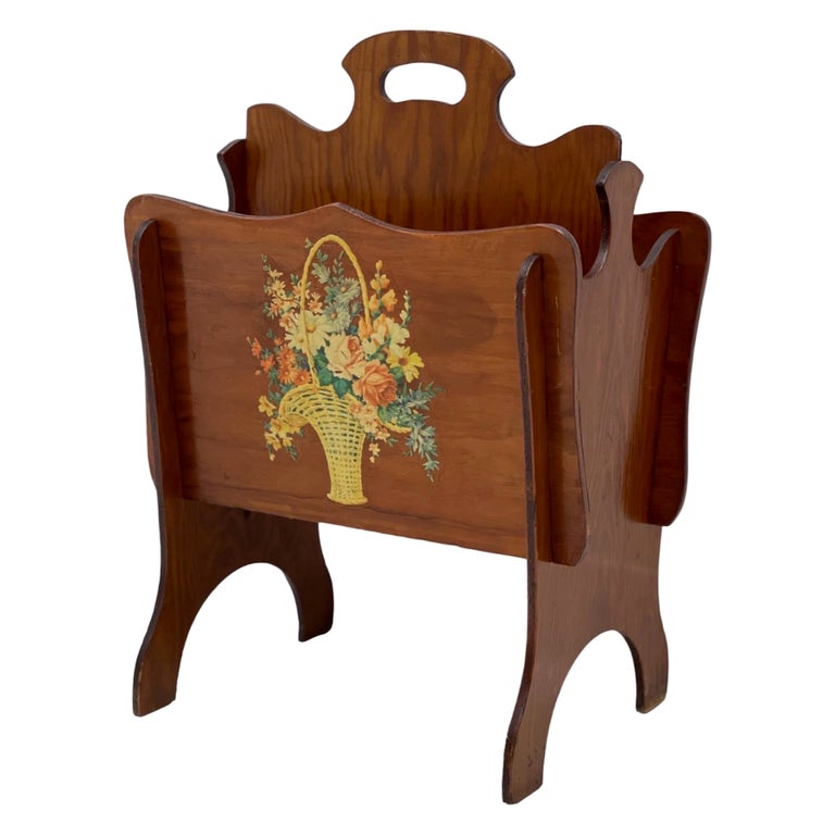 Vintage Magazine Rack with Hand Painted Floral Decal For Sale at 1stDibs