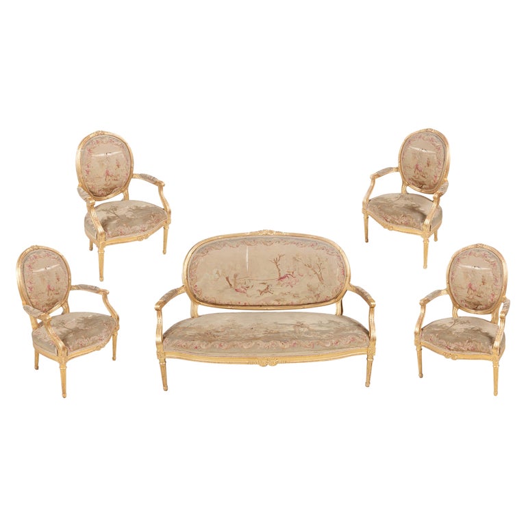 19th Century Louis XVI Style Carved Five Piece Gilt Salon Suite For ...