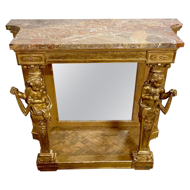 Italian Neoclassical Breccia Viola Marble and Giltwood Figural Console ...