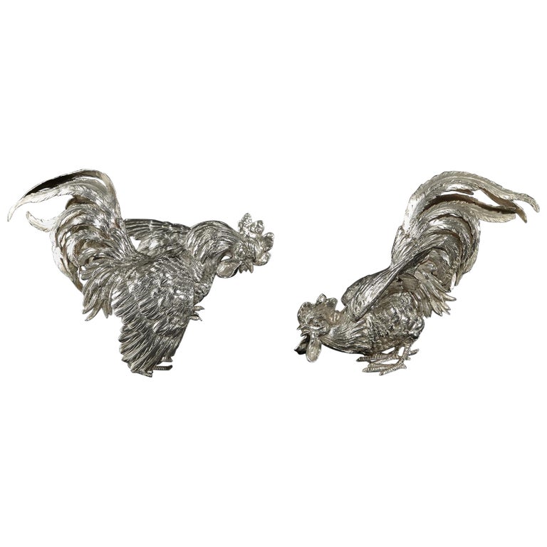 Pair of Sterling Silver Model Fighting Cockerels For Sale at 1stDibs
