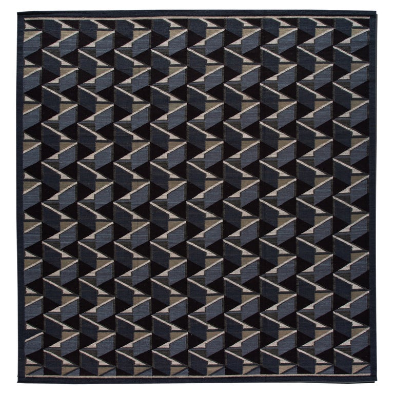 Square Modern Swedish Style Handmade Abstract Wool Rug with Black Field ...