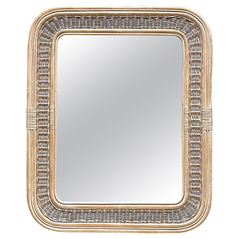 Large Vintage Organic Modern Wood, Wicker, Leather Mirror For Sale at ...