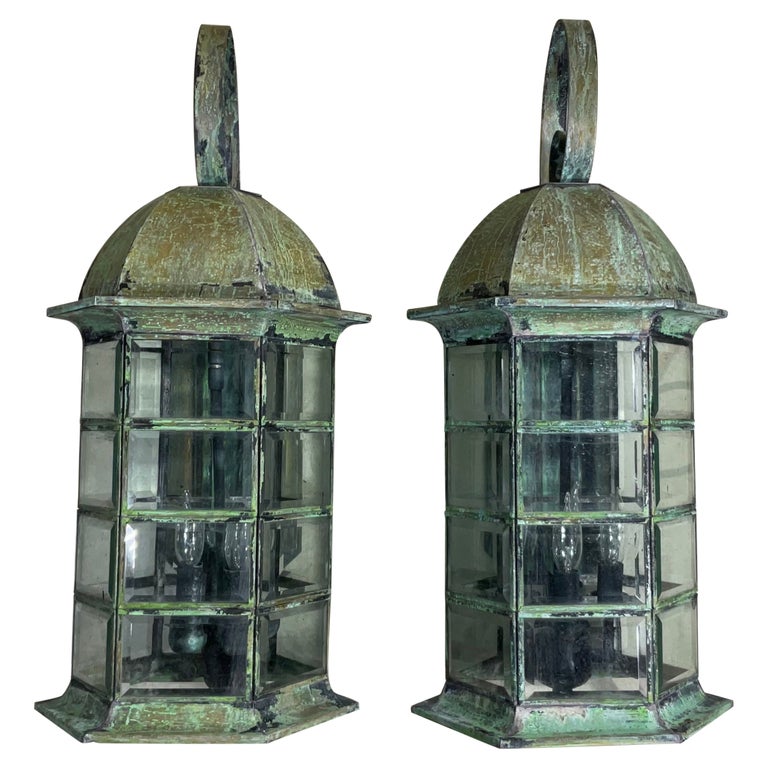 Pair of Large Architectural Brass Wall Lantern For Sale at 1stDibs