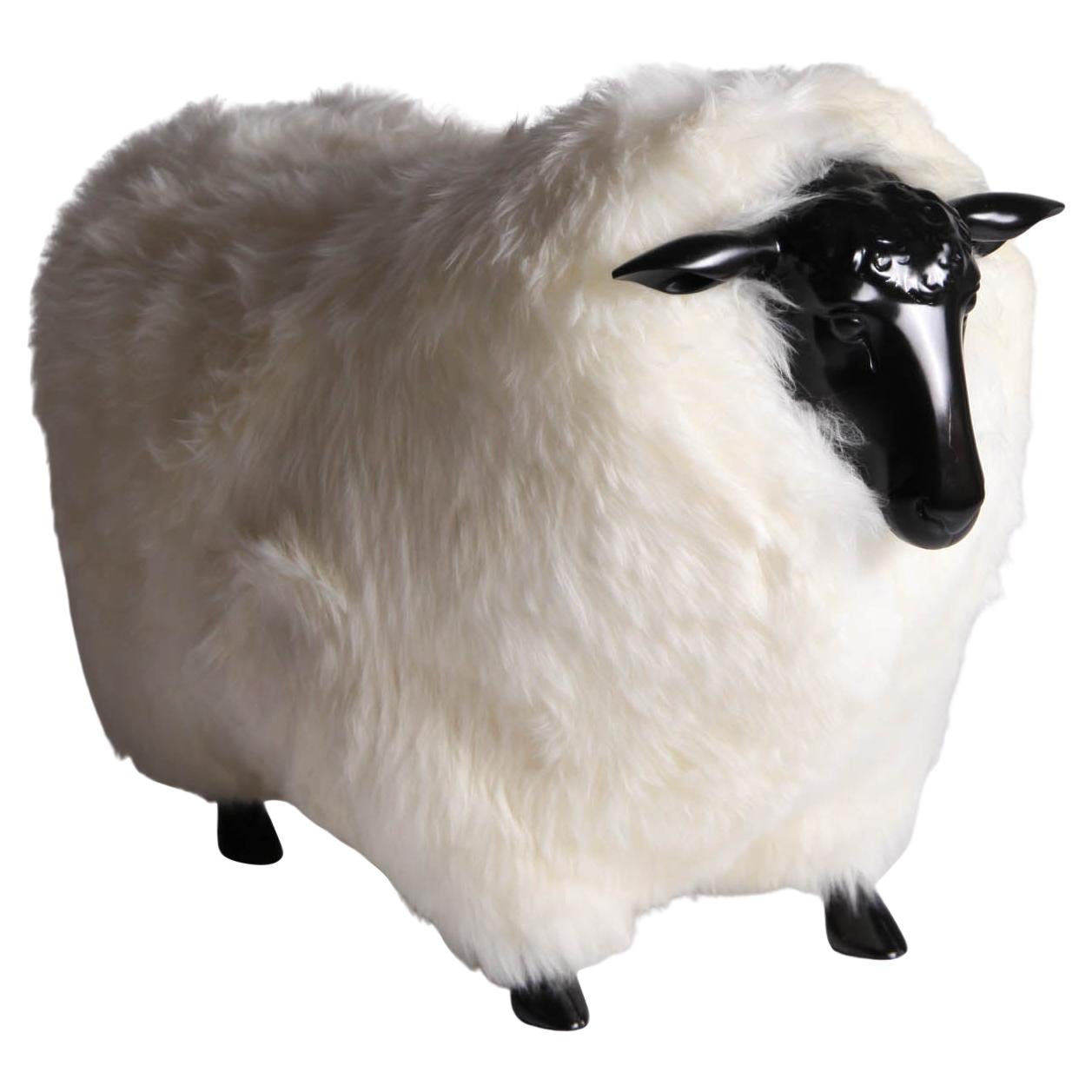 Sheep Sculpture / Footrest in Brass and Real Wool at 1stDibs