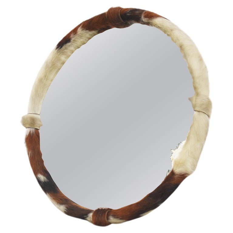 Vintage round mirror with fur, 1970s For Sale at 1stDibs
