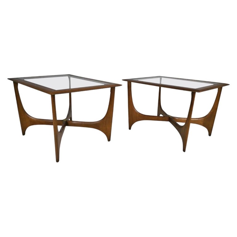 Vintage Mid-Century Modern Walnut and Glass End Tables by Lane, Set of 2 For Sale at 1stDibs