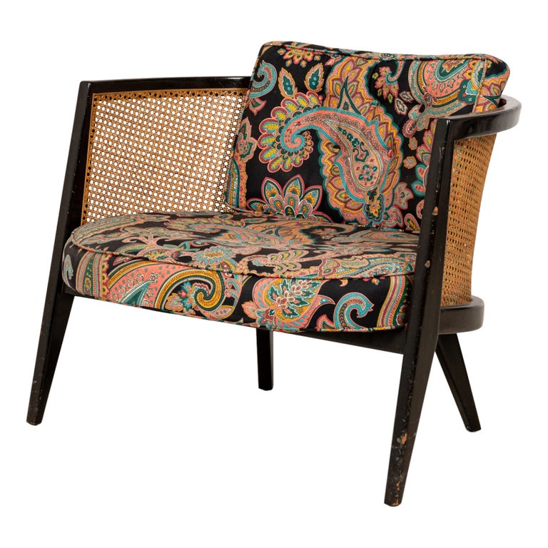 Harvey Probber Wood, Caning, and Paisley Fabric Upholstered Hoop Lounge ...