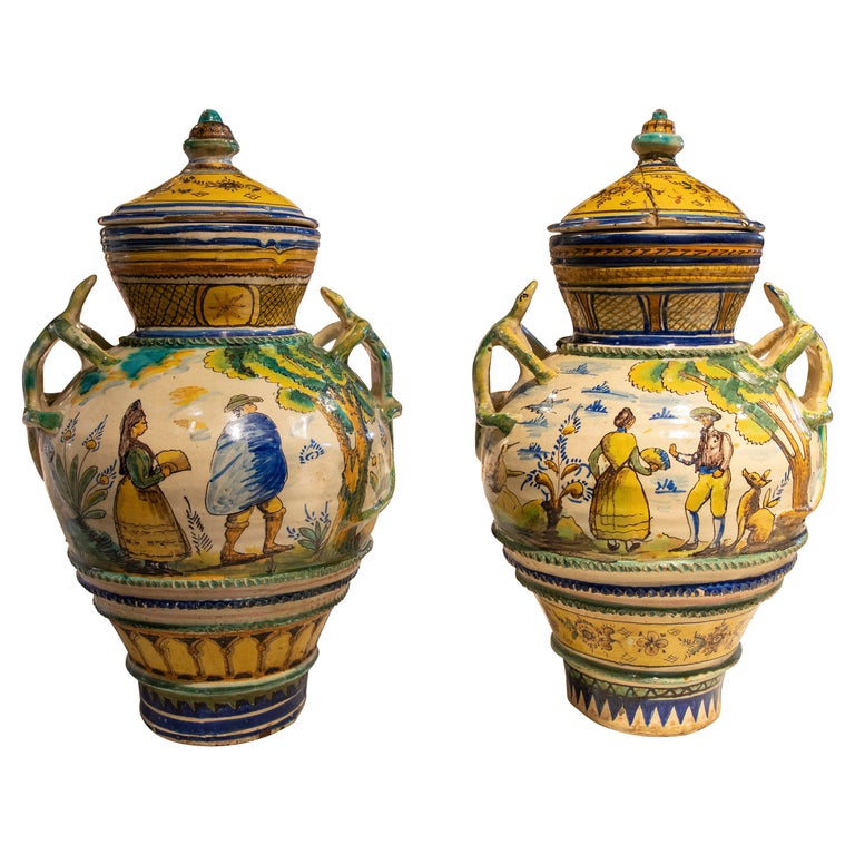 19th Century Spanish Pair of Hand-Painted Vases with Lid from Triana ...