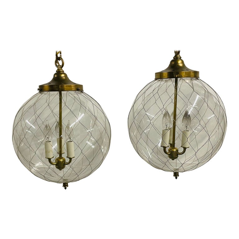 Pair of Mid-Century Modern Globe Pendants, Brass and Hand Blown Glass ...