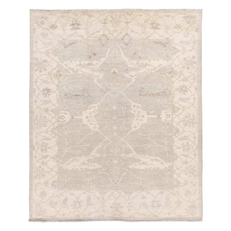 Beige and Grey Handmade Modern Oushak Style Wool Rug with Floral Motif ...