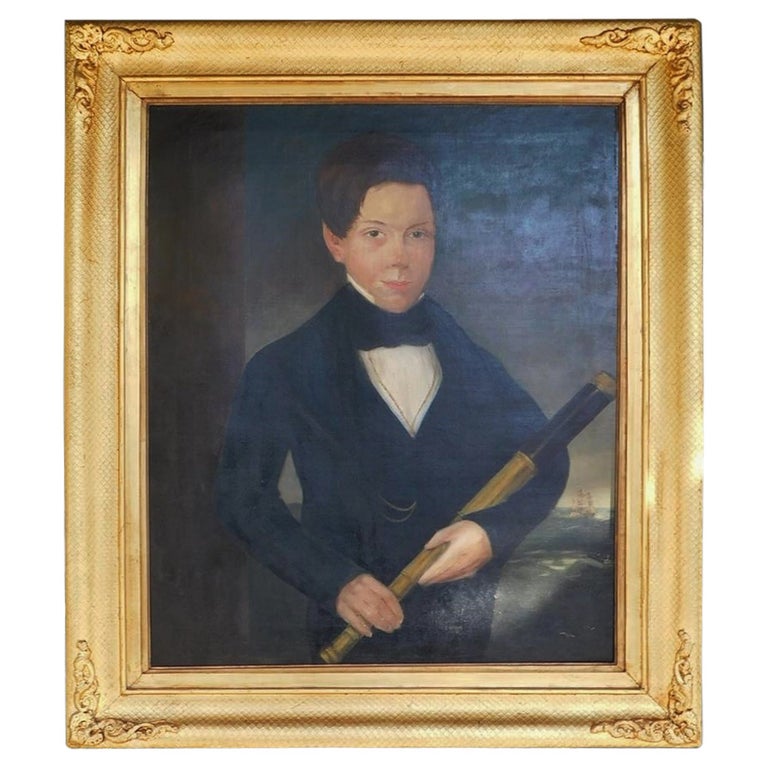 American Oil on Canvas Ship Captain with Spyglass in Orig, Gilt Frame ...