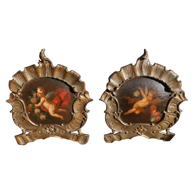 Pair of Venetian Gilt Wood and Gesso Oil on Board Cherub Foliate ...